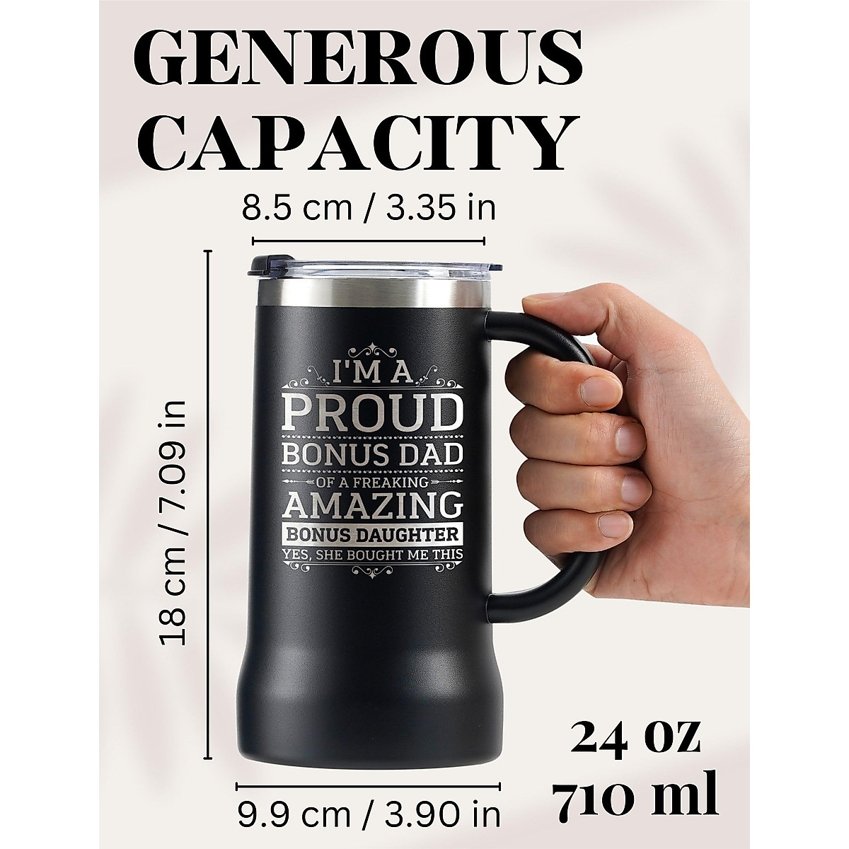 Onebttl Bonus Dad Stepdad Gifts from Daughter Son, Stainless Steel Beer Stein Tumbler, 24oz Beer Mug with Lid for Father's Day