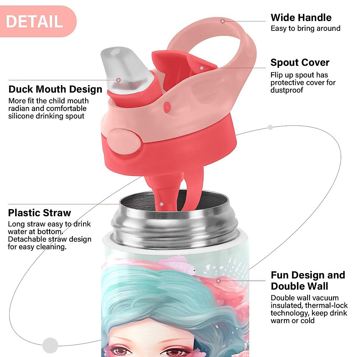 Nander Mermaid Insulated Water Bottle with Straw Lid for Kids, Vacuum Stainless Steel Metal Water Bottles for Toddlers, Leak Proof BPA-Free Water Flask Tumbler