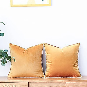 GAWAMAY Set of 2 Fall Decorative Solid Soft Velvet Gold Throw Pillow Covers with Chenille Edge Boho Accent Square Green Cushion Case for Couch Sofa Living Room Beding Outdoor 16 x 16 Inch (40x40cm)