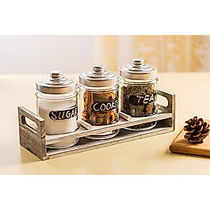 15.5 oz Set of 3 Condiment Pots Food/Seasoning/Spice Storage/Jar/Containers with Label and Aluminum Lid with Wooden Rack/Shelf/Tray/Holder for Kitchen or Coffee Bar, Suitable for Storing Salt, Sugar, Tea etc