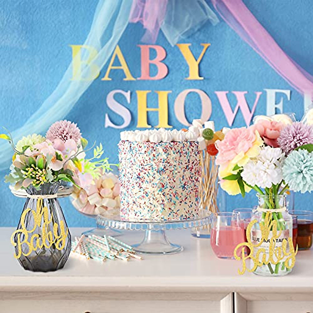 10 Pieces Baby Shower Cutout, Baby Table Centerpiece, Glitter Gender Reveal Party Decoration, Baby Shower Table Decoration with Rope for Home Birthday Party, Kids' Party Decoration (Gold)