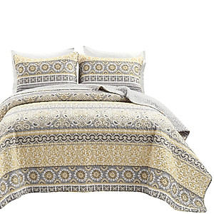 Lush Decor Nesco Stripe Reversible Cotton 3 Piece Quilt Set, King, Yellow & Gray