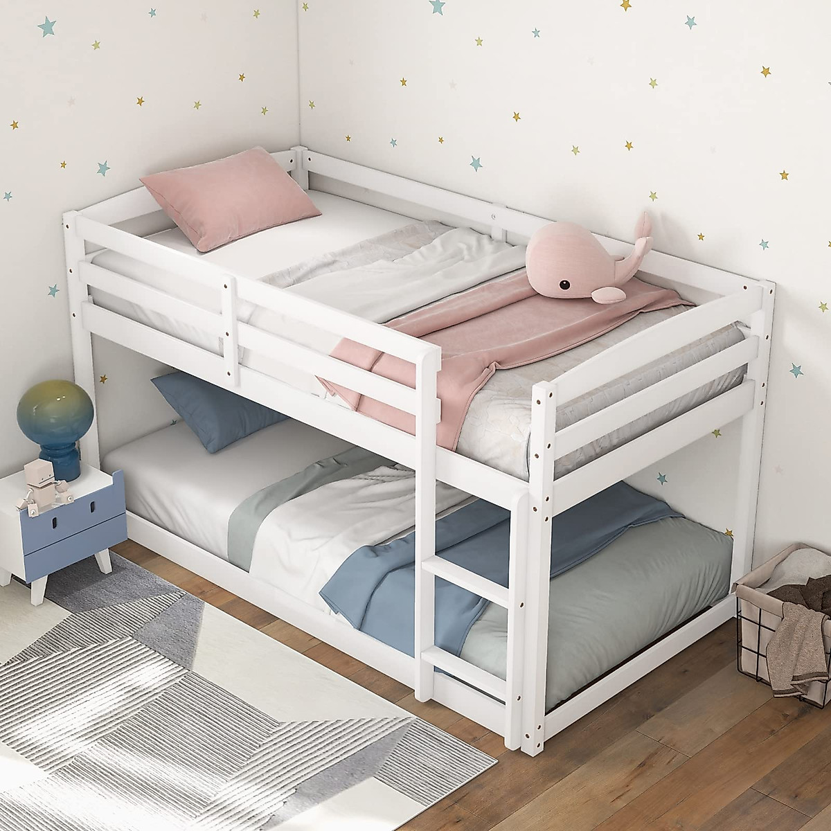 Giantex Twin Low Bunk Bed, Solid Wood Twin Over Twin Bunk Bed Frame with Full Guardrails & Integrated Ladder, Floor Twin Bunk Beds for Kids Boys and Girls, No Box Spring Needed, White