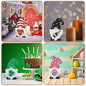 Qunclay Interchangeable Easter Wooden Gnome Decor Holiday Seasonal Tiered Tray Decoration with 24 Magnet Swappable Pieces and 8 Detachable Hats Gnome Changeable Welcome Sign for Home