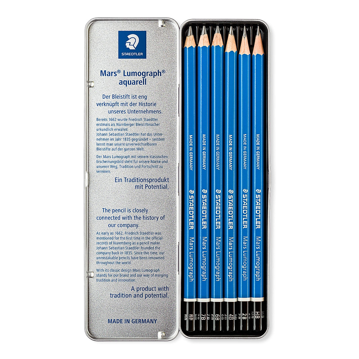 STAEDTLER Lumograph Graphite Drawing and Sketching Pencils 100G6, Set of 6 Degrees in an Attractive Storage Tin (100G6)