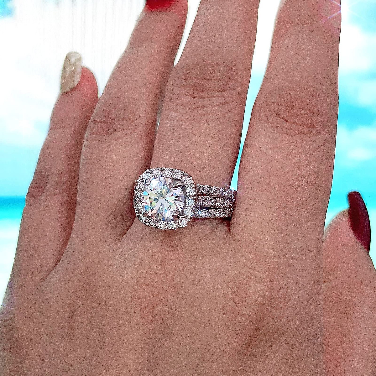 CEJUG 18K White Gold Plated Cubic Zirconia Halo Engagement Promise Eternity Rings for Women Wedding Bands Bridal Ring Set Size 10