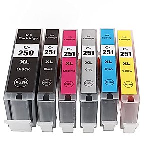 FTVOGUE 250‑251 Multi Colors Ink Cartridge Replacement Printer Inkjet Cartridges for PIXMA (BK BK C M Y GY 6 Colors)