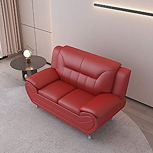 Container Furniture Direct Michael Modern Faux Leather Upholstered Stainless Steel Legs Living Room Loveseat, Persian Red