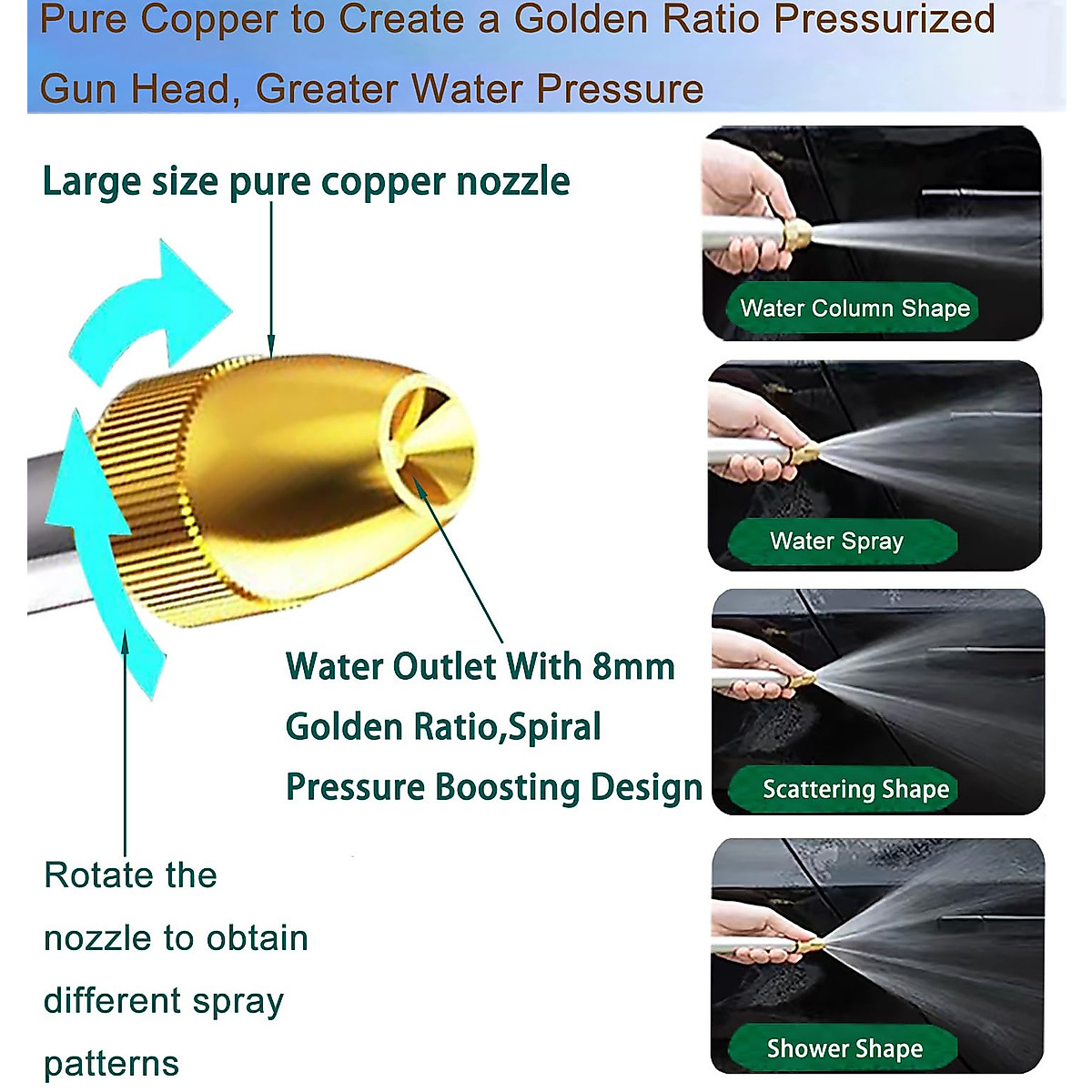 Upgrade Garden Hose Nozzle,100% Heavy Duty Metal Spray Gun With Full Brass Nozzle,High Pressure Water Hose Nozzle Sprayer Head,3/4" Quick Connectors,for Lawn & Garden,Washing Cars,Showering Dogs&Pets