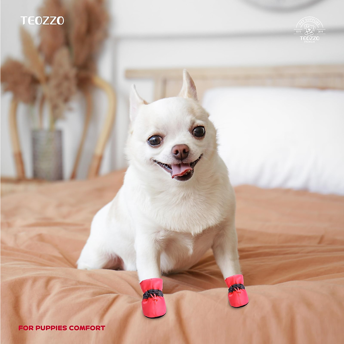 TEOZZO Dog Shoes Dog Boots & Paw Protector, Anti-Slip Sole Winter Dog Booties with Reflective Straps Dog Snow Boots for Small Medium Dogs 4PCS Red 5