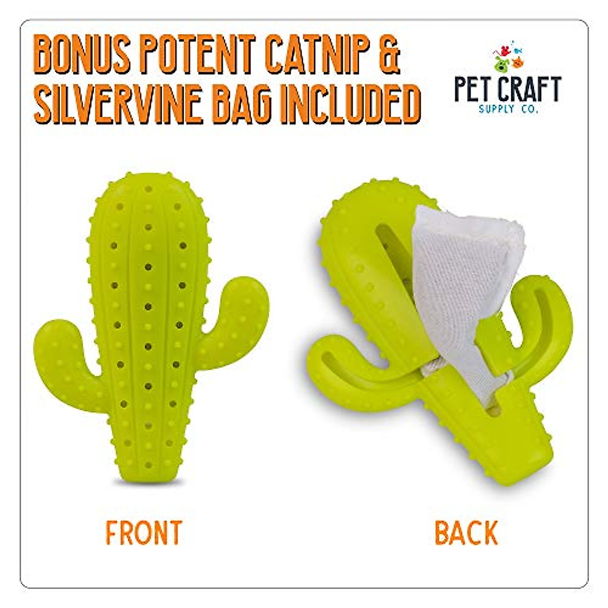 Pet Craft Supply Cactus Interactive Cat Toy Chew Toy Teeth Cleaning Bite Resistant 100% Natural Rubber with Bonus Catnip and Silvervine Bags for Kittens and Adult Cat