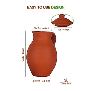 Village Decor Handmade Earthen Clay Water Jug with Lid | Carafes Pitcher | Capacity 51 oz 1500 ml