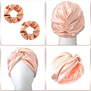 6 Pieces Silk Cap Silk Pillowcase Set, Silk Sleeping Bonnet Silk Hair Wrap Silk Pillow Cases Silk Hair Scrunchies Silk Hair Ties Elastic Silk Ponytail Holders for Women Girls (Rose Gold, Pink)