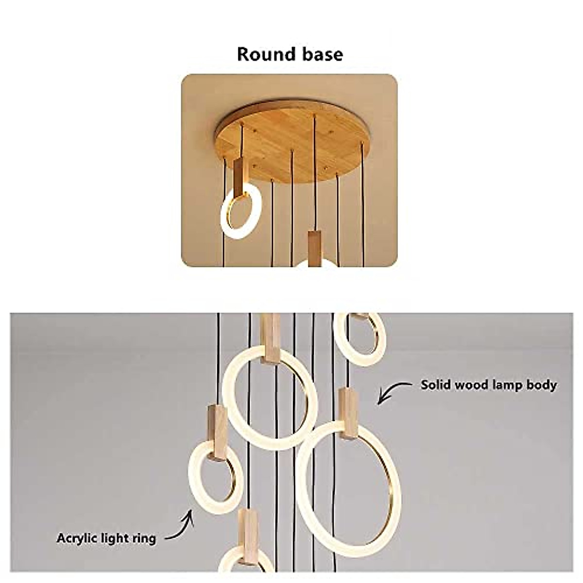 JAYMP 10 Rings Stair Chandelier High Ceiling Modern LED Acrylic Circle Wooden Nordic Art Pendant Lighting Long Chandeliers White Living Room Restaurant Hotel Hallway Entrance Staircase
