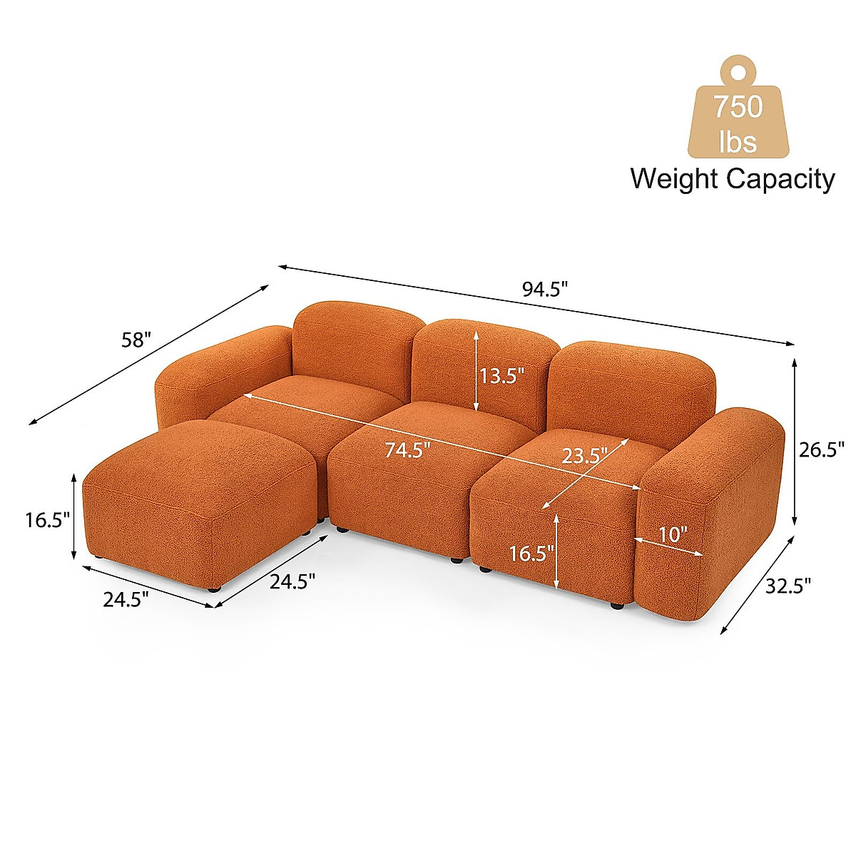 Taiweny Convertible Modular Sectional Sofa, Teddy Fabric L-Shaped Modern Bubble Couch with Ottoman, 3-Seater Sherpa Teddy Sofas for Living Room Apartment, 94”, Orange