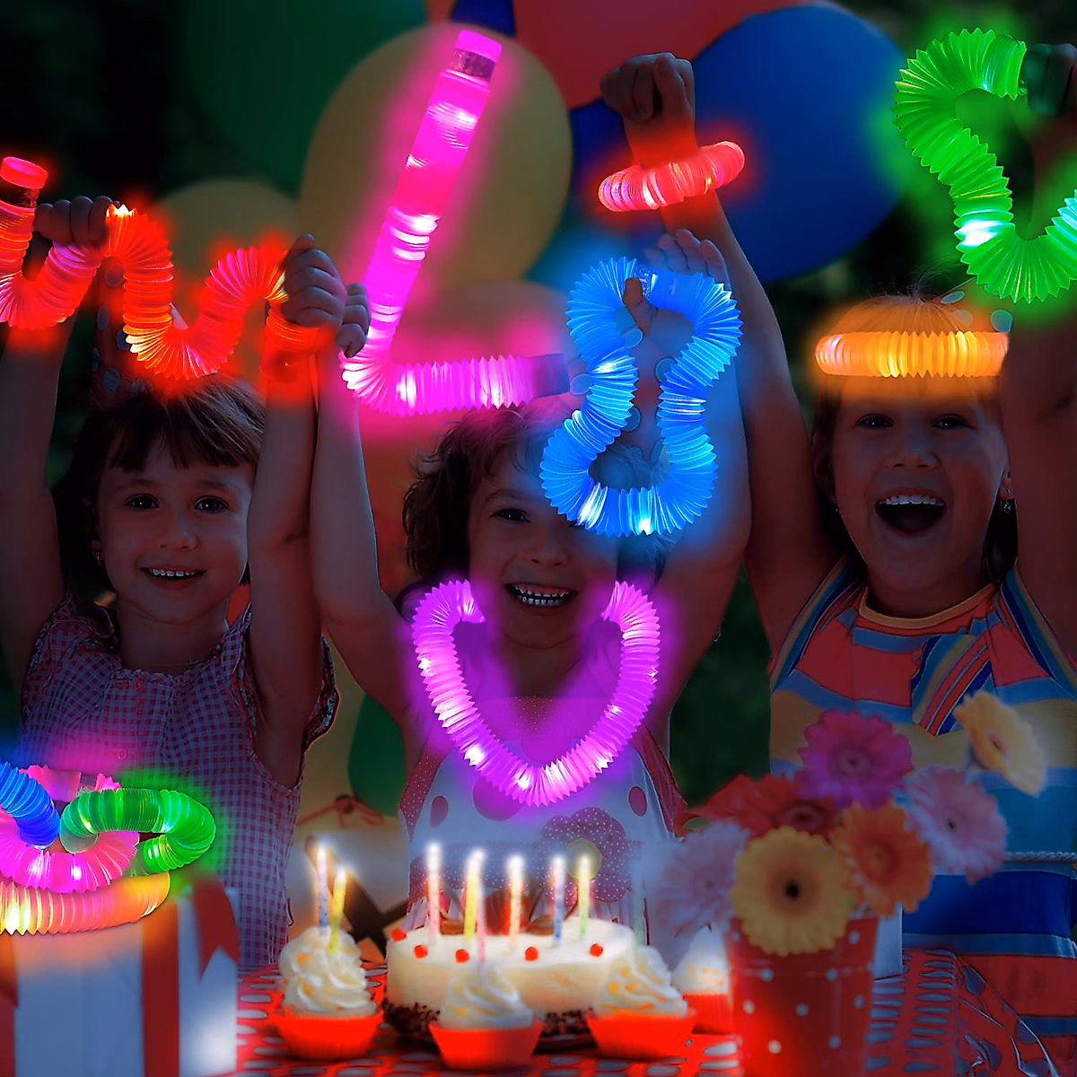 Easter Basket Stuffers for Toddlers -6 PCS,Light Up Pop Tubes Toys Gifts for Kids,Glow Sticks Party Favors,LED Bracelets Necklaces Accessories for Children,Camping Essentials Camp Fun for Boys Girls