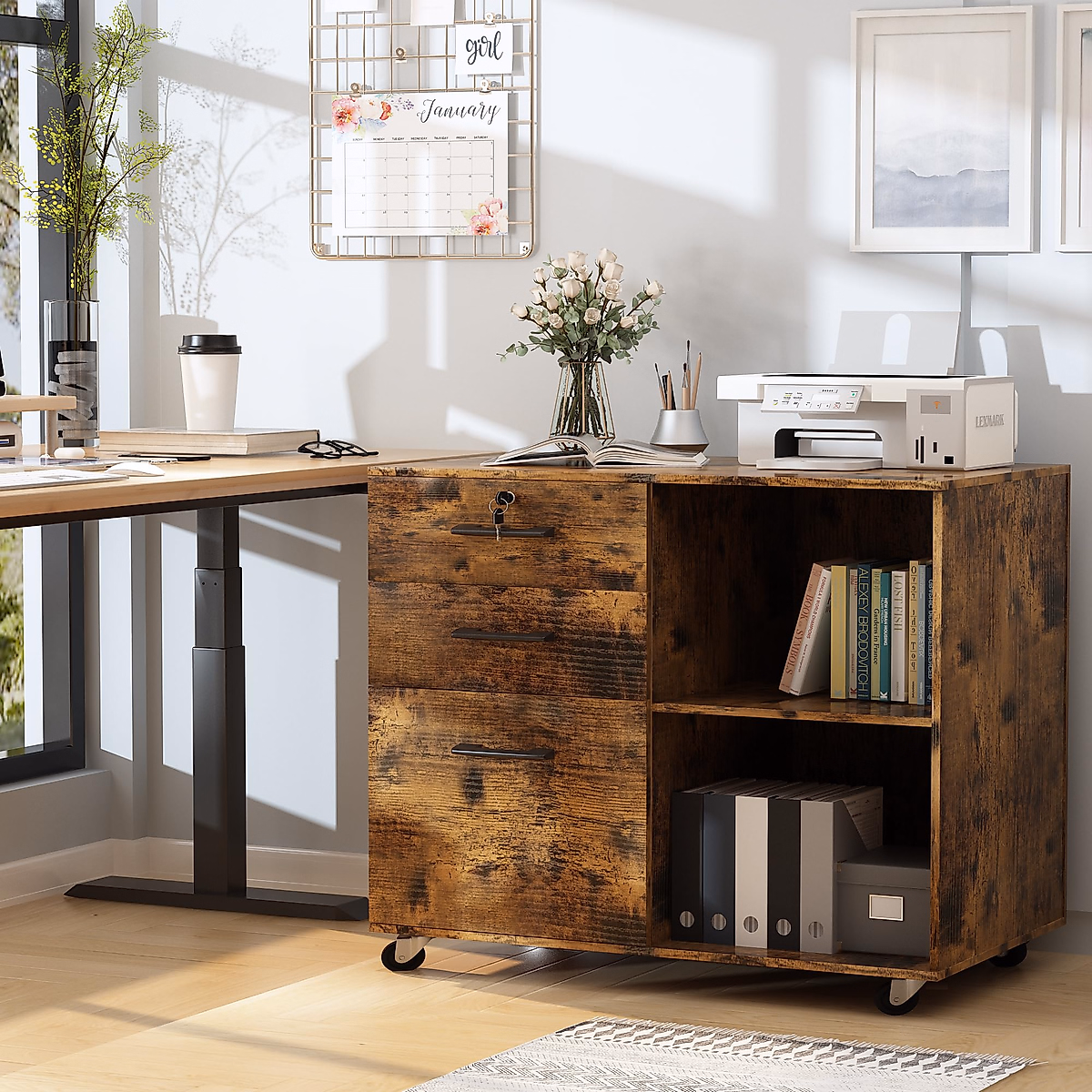 AWQM Wood Filing Cabinet, Rustic Brown