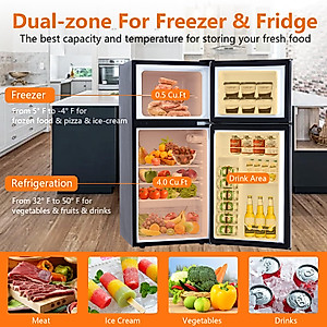 Zstar 4.5 Cu.Ft Mini Fridge with Freezer Freestanding, Energy-efficient Compact Refrigerator for Bedroom Office Dorm, 5 level Adjustable Thermostat, Stainless Steel 2 Doors, Crisper Drawer, 128L