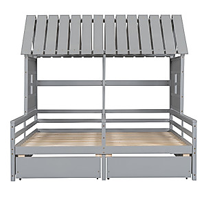 BOVZA Double Beds for 2 Kids, Twin Size House Platform Beds with Two Storage Drawers, Roof and Windows, Boy and Girl Shared Beds, Combination of 2 Side by Side Twin Size Beds, Gray