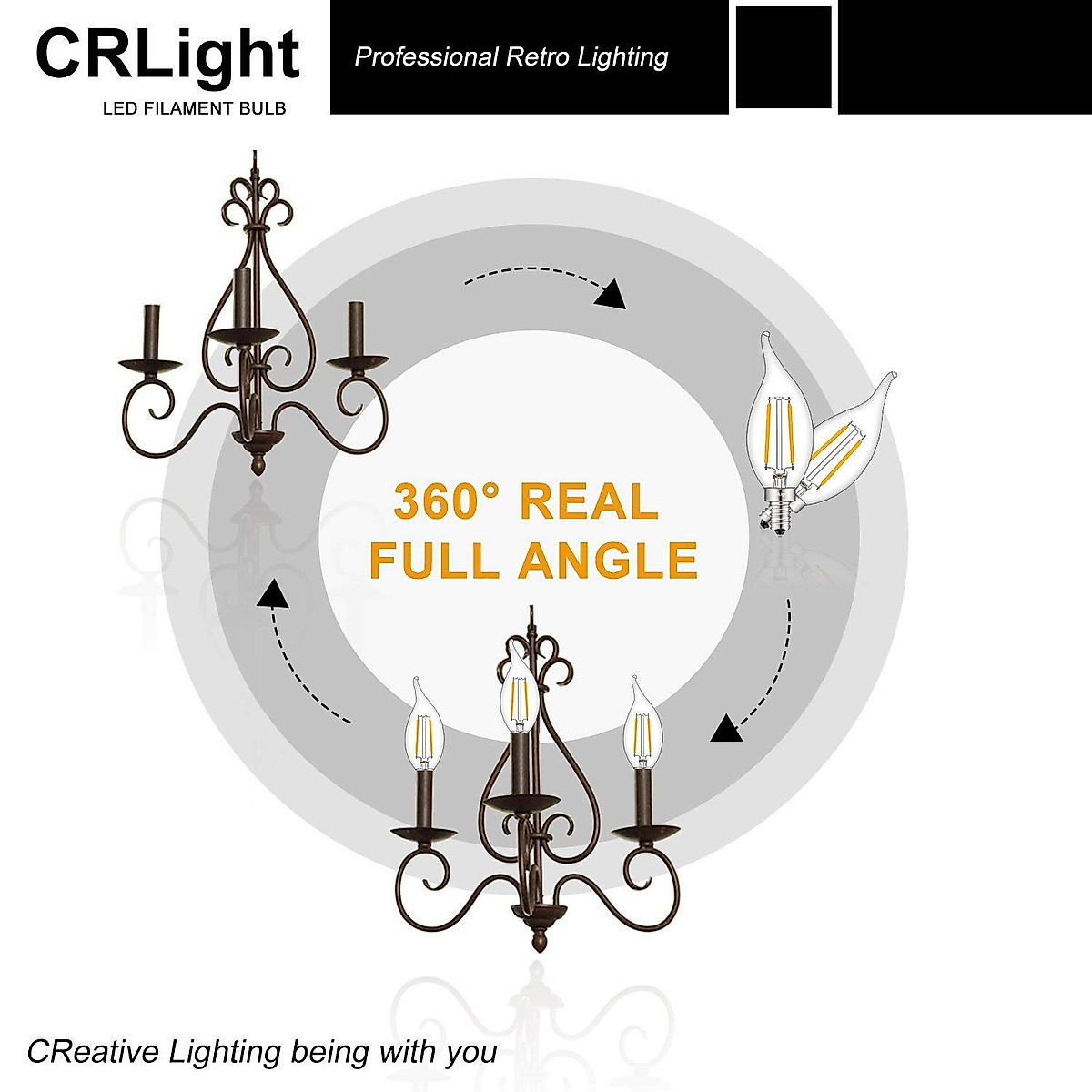 CRLight 2W 250LM Dimmable LED Candelabra Bulb 2500K Warm White, 25W Equivalent E12 LED Candle Bulbs, Antique CA11 Flame Shape Clear Chandelier Light Bulbs, 10 Pack