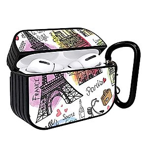 Shockproof Portable Protective Hard Printing Pattern Cover Case with Carabiner Compatible with AirPods Pro / Paris Symbol Pattern with Eiffel Tower