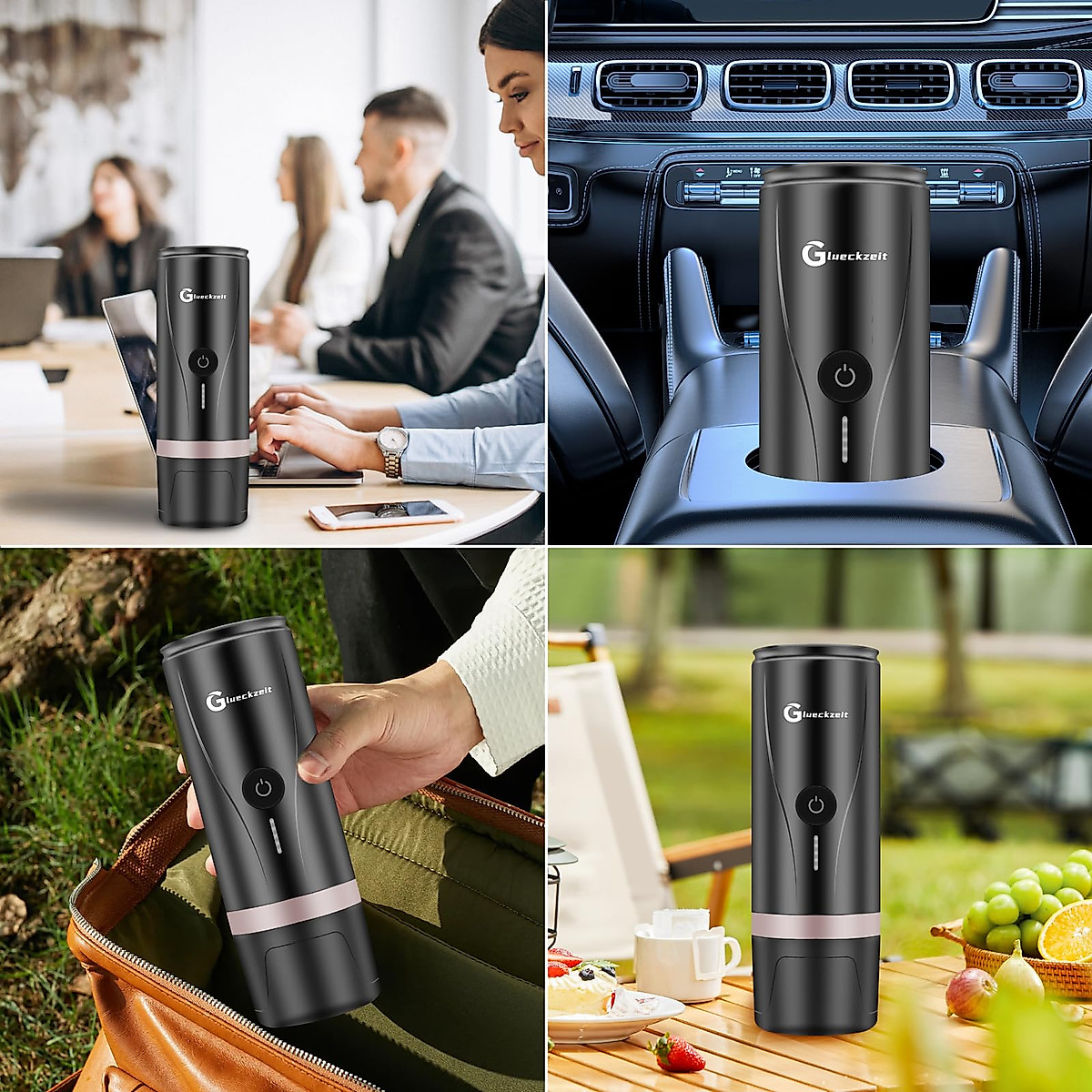 Glueckzeit Portable Electric Espresso Machine with 3-4 Min Self-Heating Rechargeable Coffee Maker, 20 Bar Pressure Compatible with NS Capsule & Ground Coffee for Travel, Camping, Office, Home