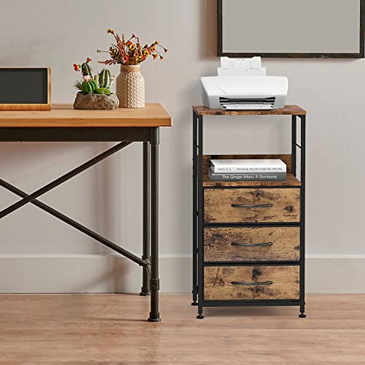 NORCEESAN Nightstand with Drawers, Bedroom Side Table Night Stand with Storage Shelf End Table with Fabric Storage Industrial Bedside Table for Living Room Dorm, Rustic Brown and Black