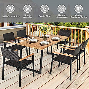 HAPPYGRILL 7PCS Patio Dining Set Outdoor Dining Furniture Set with Rectangle Table, Wicker Chairs, Acacia Wood Tabletop with Umbrella Hole, Natural Design Conversation Set for Garden Backyard