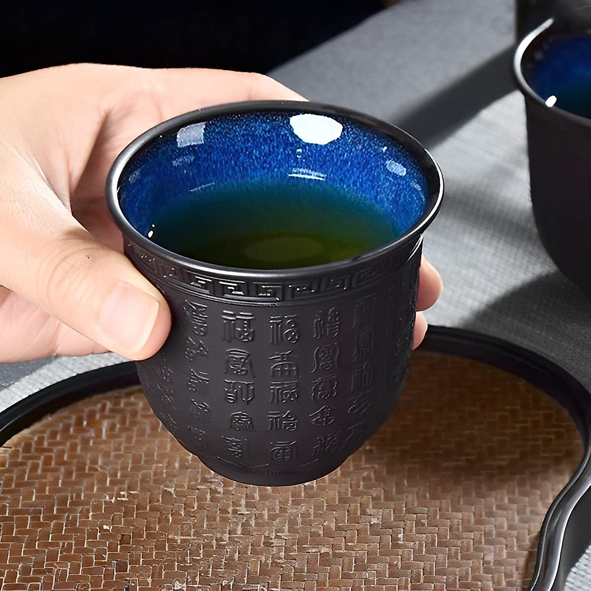 WEOPYCJ Chinese Tea Cup,Asian Japanese Ceramic Tea Cup Set of 4,Black Traditional Hundred Blessings Tea Mugs 5.5oz Suitable for Tea Wine,Coffee,Milk,Sake Cups (Black)