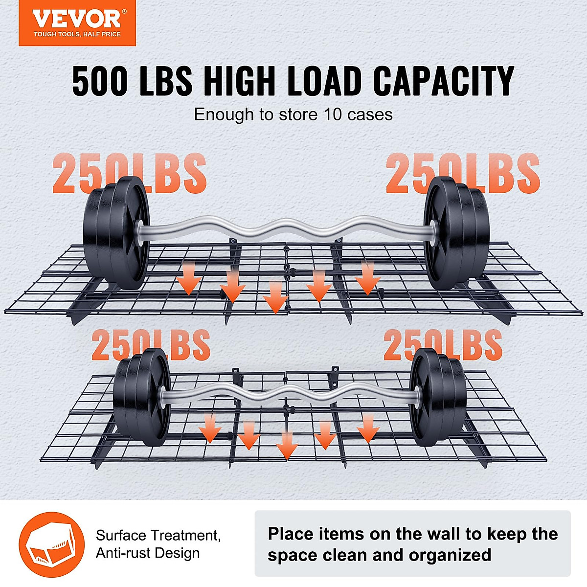 VEVOR Garage Shelving Wall Mounted, 2 x 4 ft Heavy Duty Garage Wall Shelves, 500 lbs Load Capacity Garage Storage Rack Floating Shelves, 2 Pack, Suitable for Shop, Shed, Garage Storage