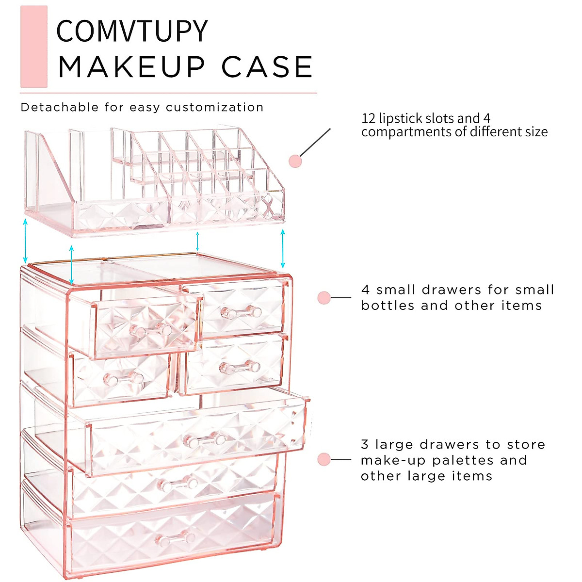 COMVTUPY Clear Makeup Organizer with Brush Holder, Large Acrylic Cosmetic Display Jewelry & Make Up Organizers and Storage for Vanity, Bathroom (3 Large, 4 Small Drawers, Diamond Pink)