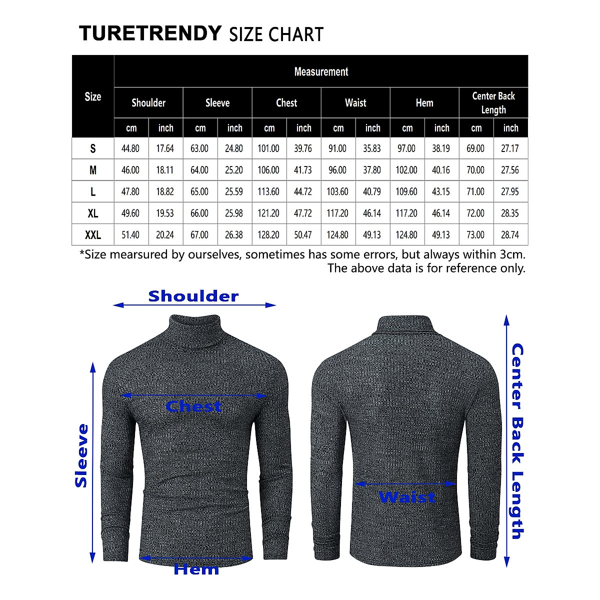 TURETRENDY Men's Stretch Muscle Tshirts Turtleneck Long Sleeve Knit Tees Casual Slim Fit Basic Shirt Tops Dark Gray M
