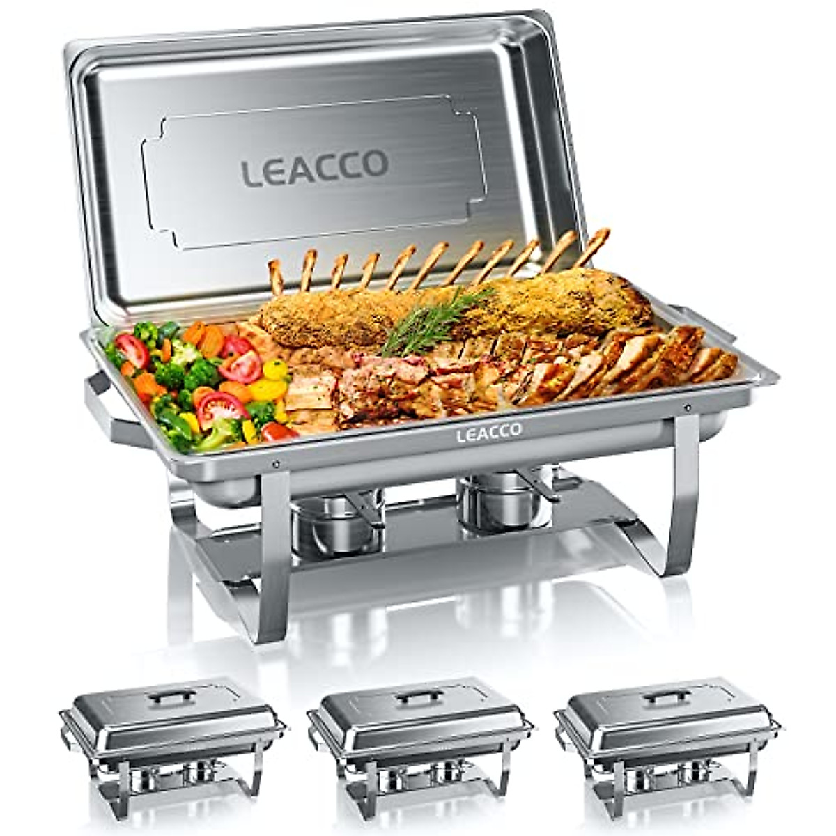 LEACCO Chafing Dishes Buffet Set, 4 Pack 8QT Stainless Steel Chafers Food Warmer Trays for Buffets, Parties