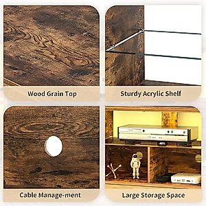 VECELO LED TV Stand for 70 inch Entertainment Center with Power Outlets, Industrial Television Cabinet with 7 Open Storage Shelves, for Living Room and Bedroom, Retro Brown, 70inch