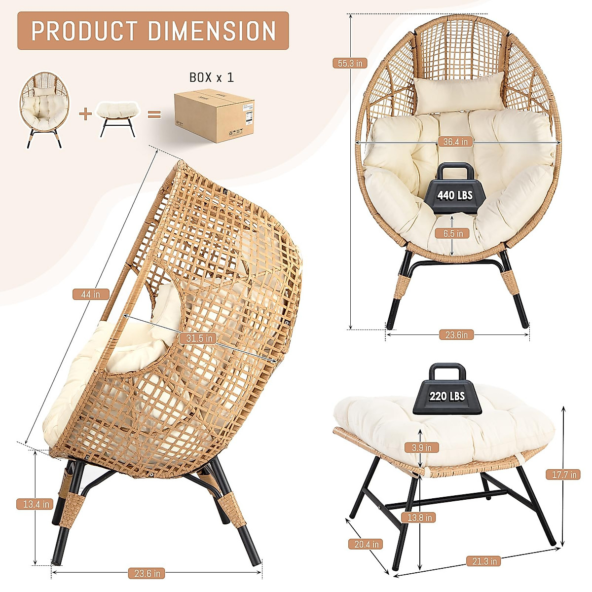 RADIATA Egg Chair with Footrest Outdoor Wicker Patio Egg Chairs with Ottoman for Indoor Bedroom Outside Porch Deck Backyard Garden (Beige)