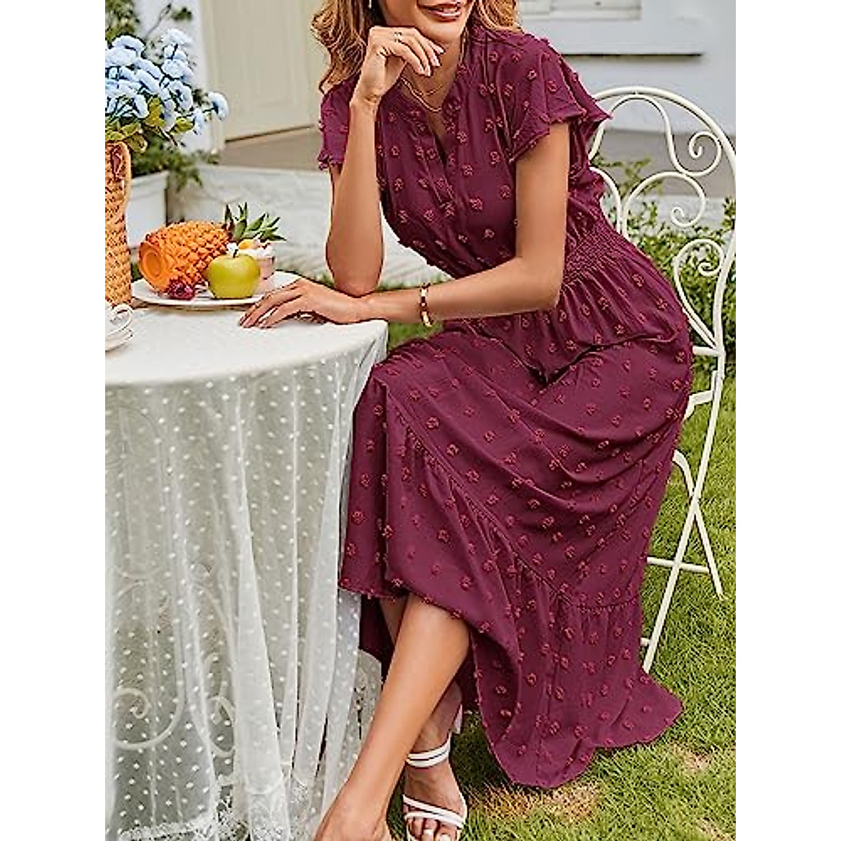 MEROKEETY Summer Short Sleeve Vneck Wedding Dress Swiss Dot Flowy A Line Tiered Maxi Dresses Burgundy Medium