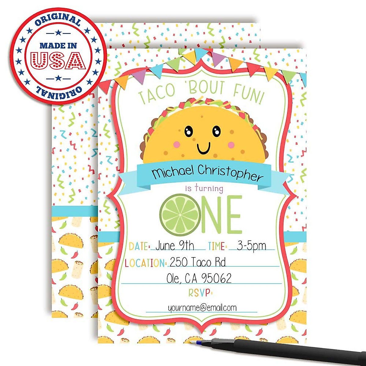 Taco 'Bout Fun Taco Themed First Birthday Fiesta Party Invitations, 20 5x7 Fill In Cards with Twenty White Envelopes by AmandaCreation