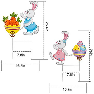 Juegoal 2 Pack Easter Garden Stakes, Metal Easter Bunny with Egg and Carrot Wheel Barrows Yard Signs, Outdoor Waterproof Decorative Rabbits Eggs Easter Stakes for Garden Home Lawn Patio Decorations