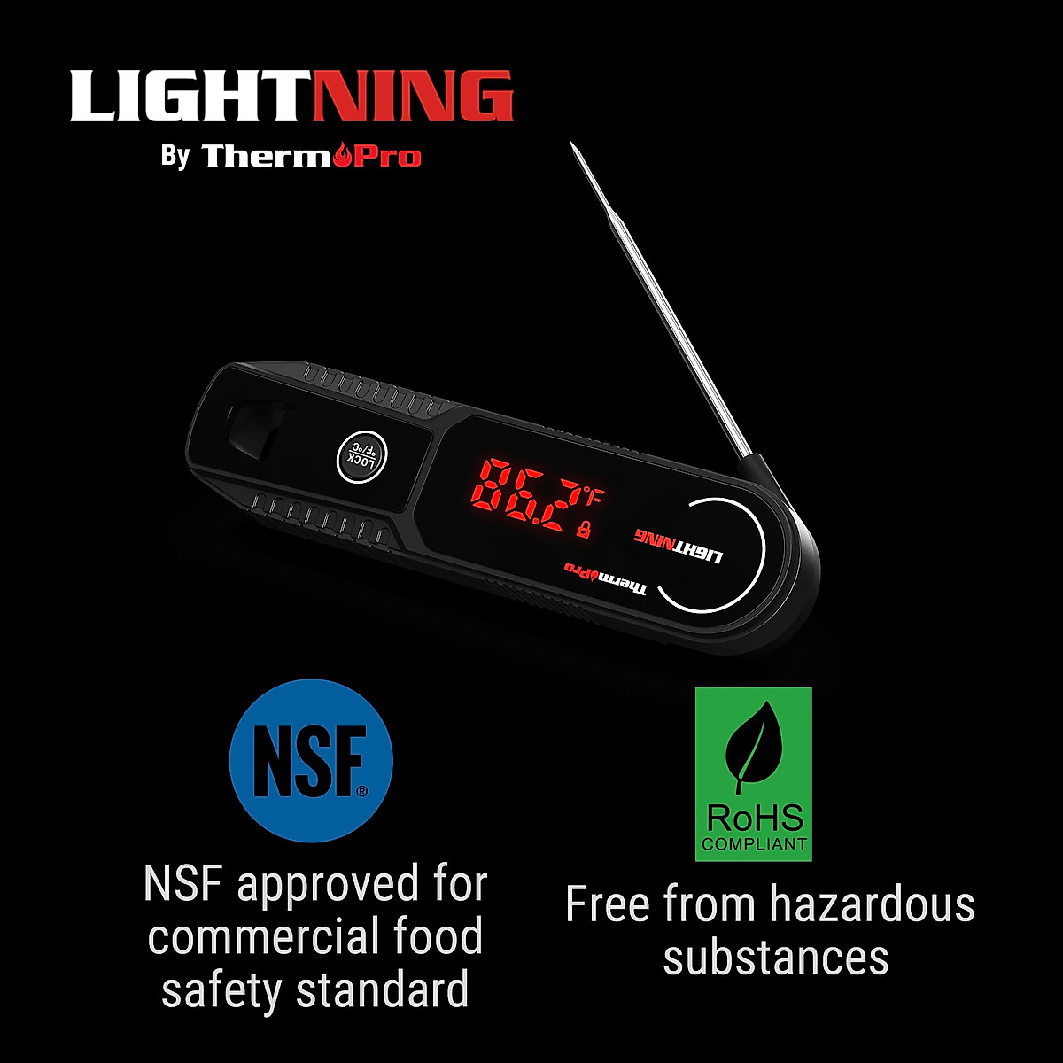 ThermoPro Lightning One-Second Instant Read Meat Thermometer, Calibratable Kitchen Food Thermometer with Ambidextrous Display, Waterproof Cooking Thermometer for Oil Deep Fry Smoker BBQ Grill