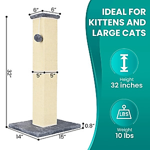 YULOYI Cat Scratching Post 32 Inch for Indoor Large Cats and Kitten, Nature Sisal Tall Cat Scratch Post, Sisal Cat Scratcher Improve Cat's Scratching Habits and Protect Your Furniture, Grey