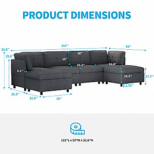 Mjkone Convertible Sofa Couch, Modern U Shaped Sofa with Tufted Back Cushion, 6 Seat Oversized Sectionals Sofa Couch with Ottomans for Living Room/Apartment/Office (Beige)