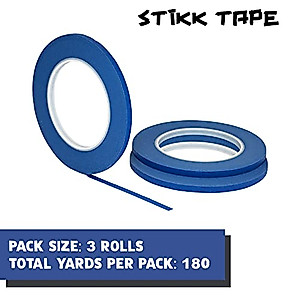 3 Pack 1/4" inch x 60yd STIKK Blue Painters Tape 14 Day Easy Removal Trim Edge Thin Narrow Finishing Masking Tape (.25 in 6MM)