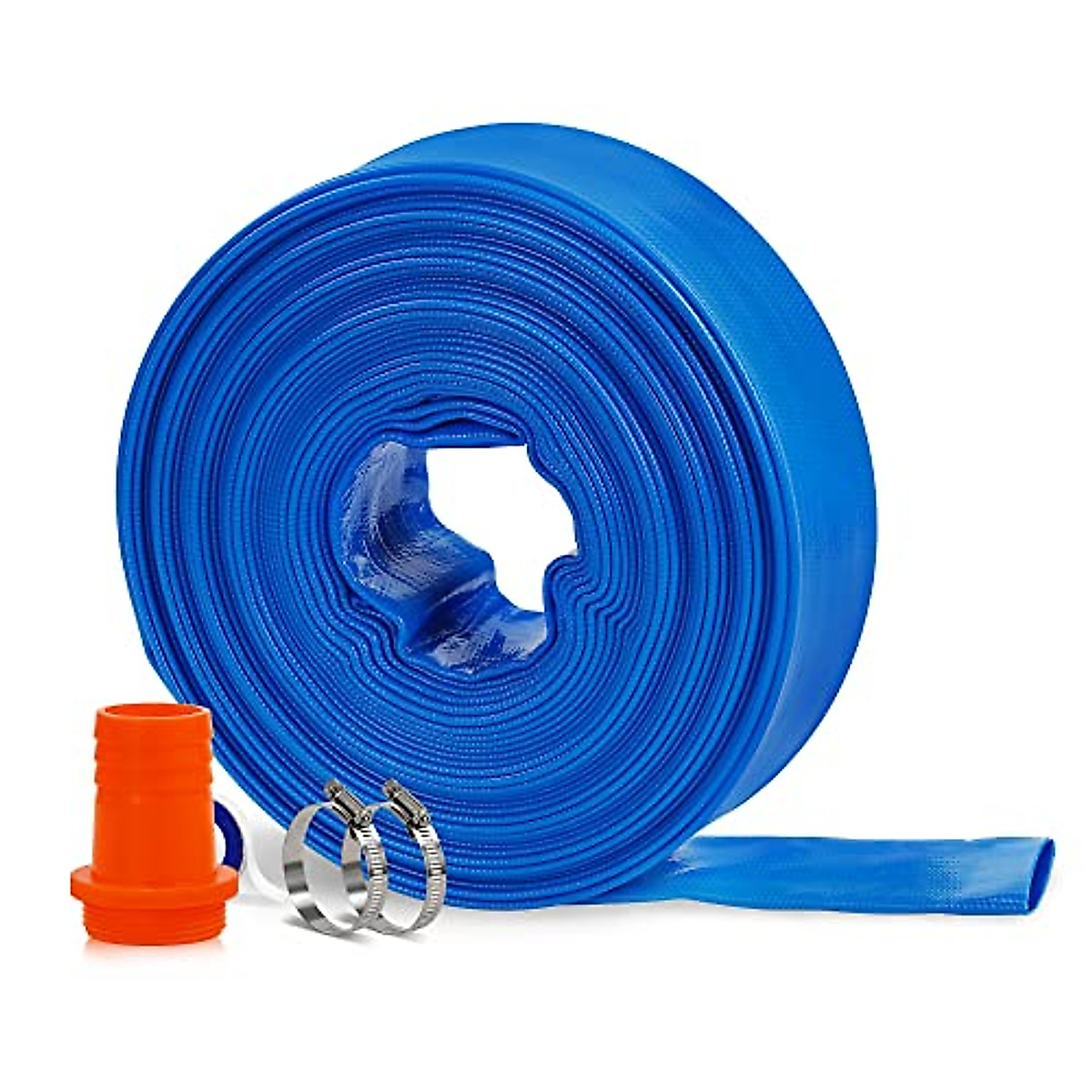Acquaer 1-1/2" x 50 FT Pool Backwash Hose, Heavy Duty Reinforced PVC Lay Flat Discharge Hose, Weather and Burst Resistant, with 2 Hose Clamps and a Connector for Inground Swimming Pool Pump Draining