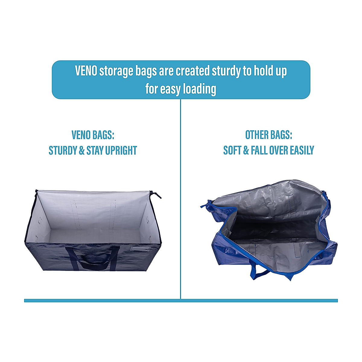 VENO 4 Pack Moving Bags, Moving Supplies, Moving Boxes, College Packing Storage Boxes with Lids Alternative, Heavy Duty Totes, Extra Large, Sturdy Handles, Zipper, for Packaging (Blue, 4 Pack)