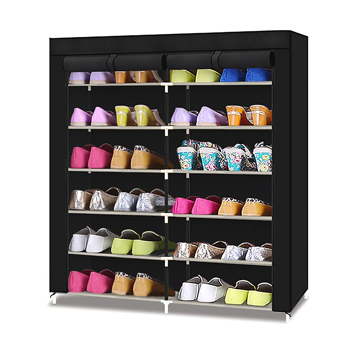 TXT&BAZ 24-Pairs Portable Shoe Rack Double Row with Nonwoven Fabric Cover (7-Tiers Black)