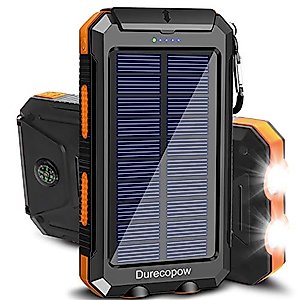 Solar Charger, Durecopow 20000mAh Portable Outdoor Waterproof Solar Power Bank, Camping External Backup Battery Pack Dual 5V USB Ports Output, 2 Led Light Flashlight with Compass (Orange)
