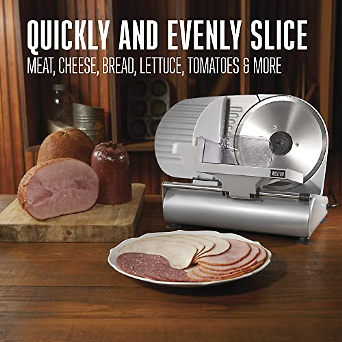 Weston Electric Meat Cutting Machine, Deli & Food Slicer, Adjustable Slice Thickness, Non-Slip Suction Feet, Removable 9" Stainless Steel Blade, Easy to Clean