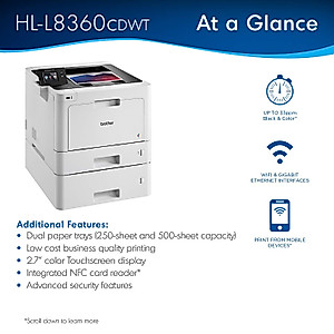 Brother HL-L8360CDWT Business Color Laser Printer, Wireless Networking, Auto 2-Sided Printing, 250-sheet or 500-sheet Capacity, 33 ppm, 512 MB, 2400 x 600 DPI, White-Bundle with JAWFOAL Printer Cable