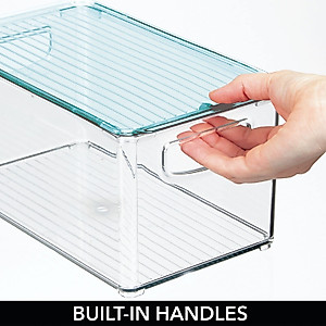 mDesign Plastic Baby Storage Bin Box Organizer Container with Lid/Handles for Organizing Playroom, Nursery, Dresser - Holds Diapers, Baby Clothes, Wipes, Toys, Ligne Collection, 2 Pack, Clear/Blue