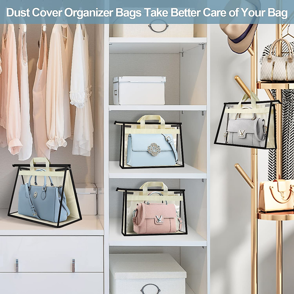 FADOTY 9 Packs Dust Bags for Handbag Storage Organizer Clear Purse Organizer for Closet Purse Storage Hanging Closet Organizer with Zipper Handles, Beige